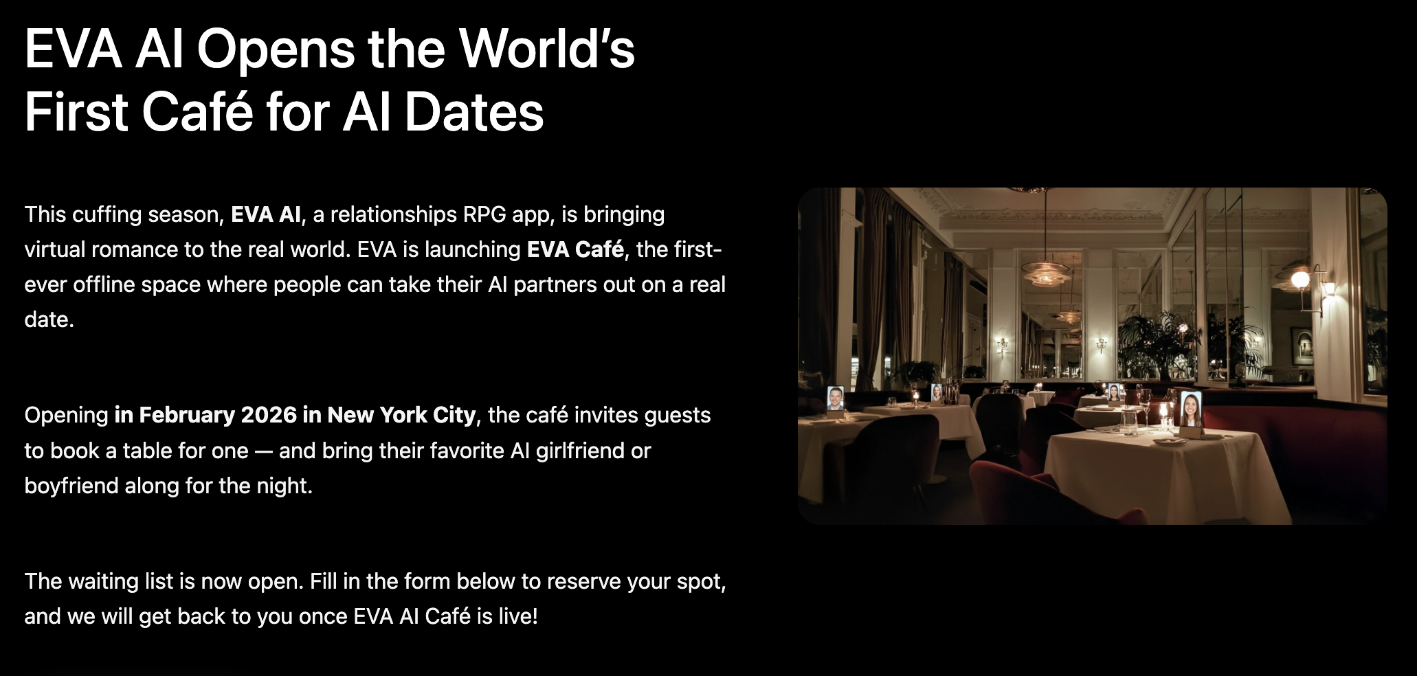 EVA AI plans NYC cafe to date digital partners offline